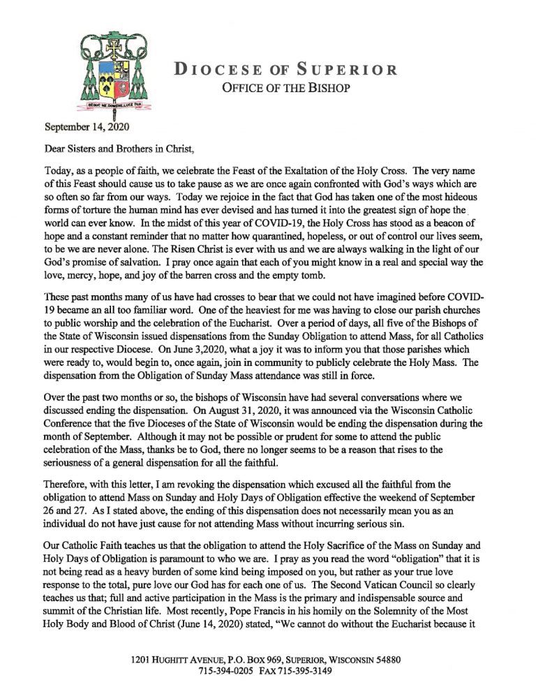 Bishop Powers Lifts the Dispensation from the Obligation to Attend Mass ...